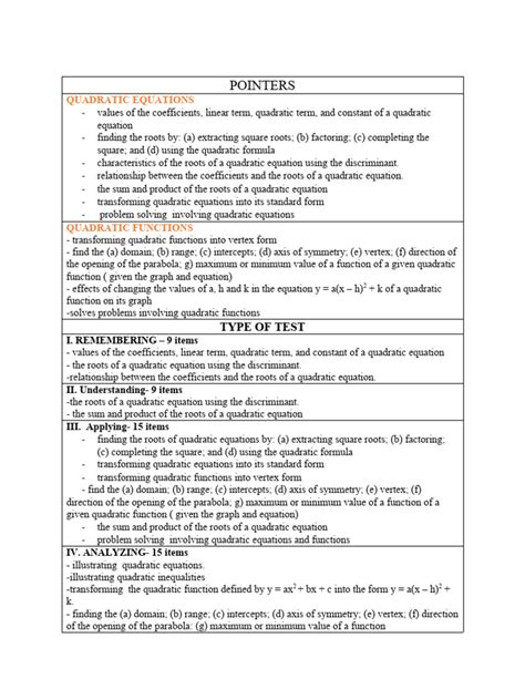 Pointers 1st Quarter Exam Pdf Quadratic Equation Mathematical