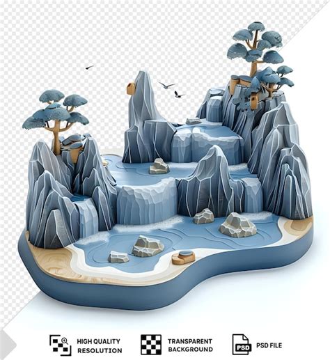 푸른 나무 작은 나무 날아다니는 새를 포함하여 다양한 나무와 새를 특징으로하는 플리트비체 호수의 멋진 3d 모델 프리미엄 Ai 생성 Psd