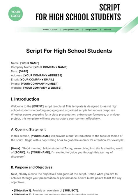Free Script For High School Students Template To Edit Online
