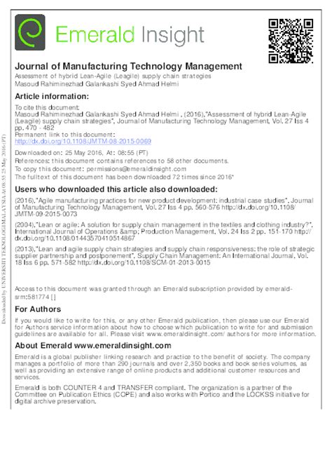 Assessment Of Hybrid Lean Agile Leagile Supply Chain Strategies