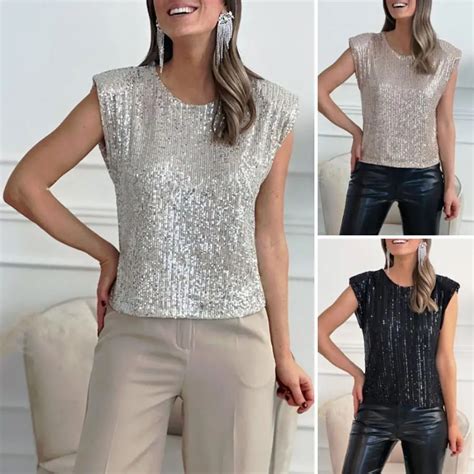 솔리드 컬러 스팽글 조끼 탑 섹시한 O 넥 민소매 여성 조끼 슬림핏 안티 필링 클럽 베스트 세련된 통기성 조끼 탑