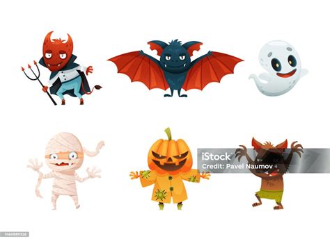 할로윈 캐릭터 세트입니다 악마 박쥐 유령 좀비 미라 호박 벡터 일러스트 레이 션 귀여운에 대한 스톡 벡터 아트 및 기타 이미지