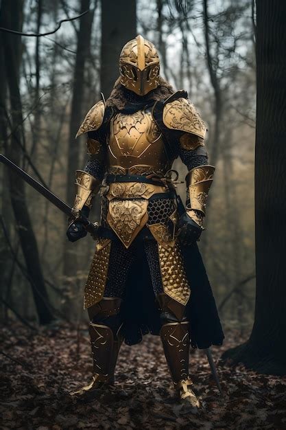 Ein Ritter In Goldener Rüstung Steht In Einem Wald Premium Ki