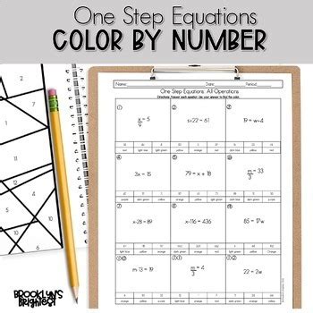 One Step Equations Color By Number Worksheet By Brooklyns Brightest