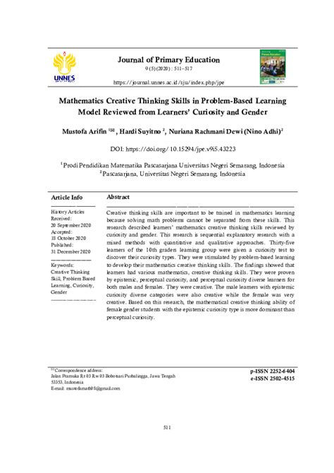 Pdf Mathematics Creative Thinking Skills In Problem Based Learning Model Reviewed From