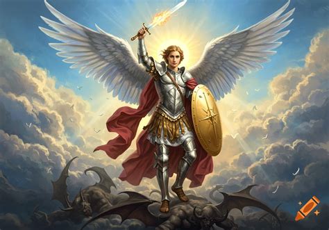 A Blonde Angel In Shining Silver Armor With Large White Wings Holding