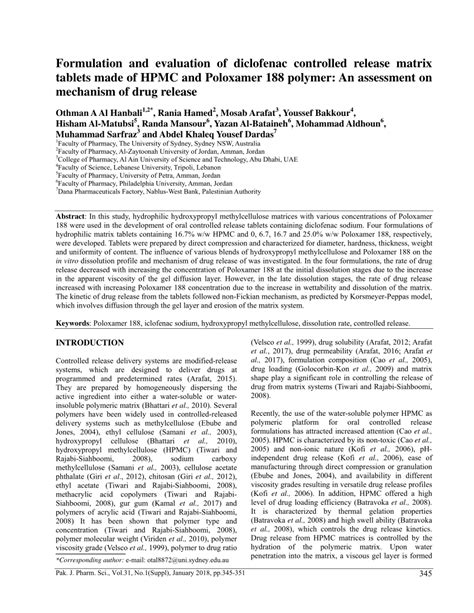 Pdf Formulation And Evaluation Of Diclofenac Controlled Release Matrix Tablets Made Of Hpmc