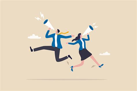 메시지 전달 채용 공석 발표 승진 또는 회사 커뮤니케이션 외침 경고 경고 또는 주의 또는 중요한 메시지 개념 확성기로 외치는 사업가와 여성 휴대용 마이크에 대한 스톡 벡터