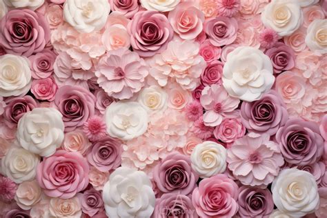 Pink And White Artificial Roses Background Top View Floral Background
