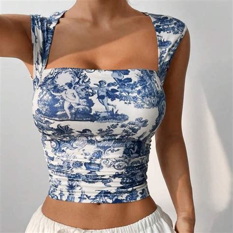 Rebellious Rose Tops Ezwear Printed Knitted Sleeveless Tight Fit