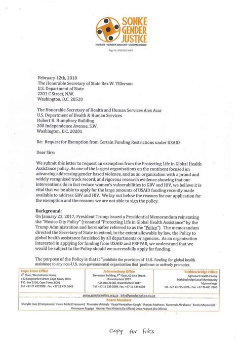 Signed Sonke Letter Of Exemption Request To Us State Department Feb 12 2018 Sonke Gender Justice
