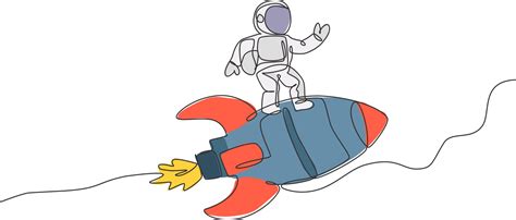 One Single Line Drawing Of Astronaut In Spacesuit Flying And Discovering Deep Space While