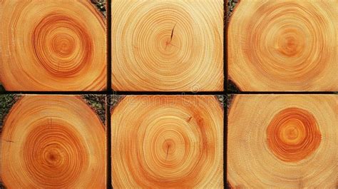 A Collection Of Six Cross Sectioned Tree Trunks Each Revealing Concentric Rings And A Central