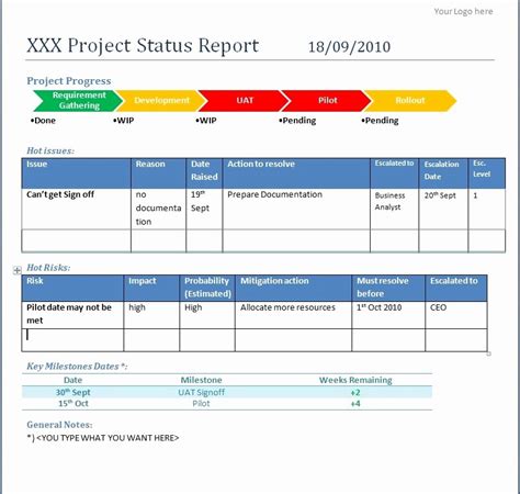 Project Management Progress Report Template