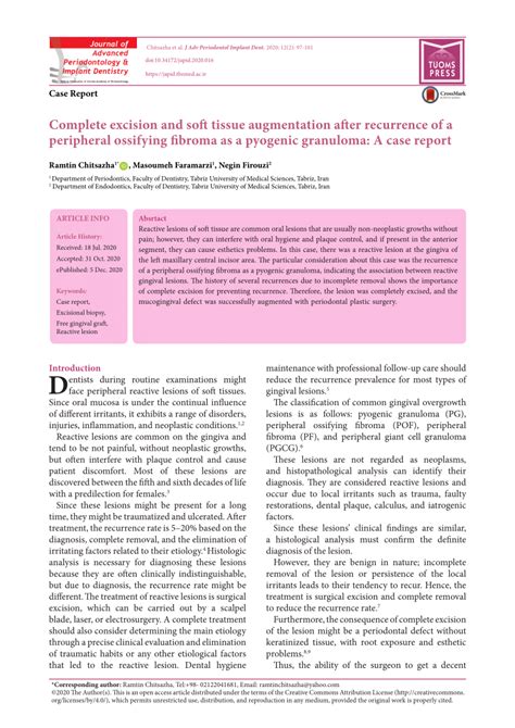 Pdf Complete Excision And Soft Tissue Augmentation After Recurrence Of A Peripheral Ossifying