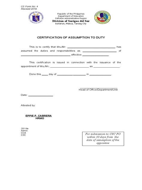 Cs Form No 4 Certification Of Assumption To Duty Pdf