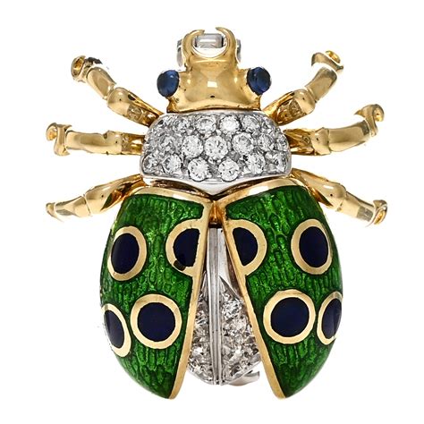 Tiffany 18k Yellow White Gold Diamond Enamel Ladybug Brooch Pin Green
