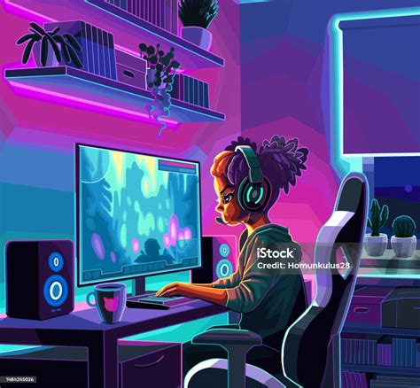 Girl Gamer Or Streamer With A Headset Sits In Front Of A Computer In A