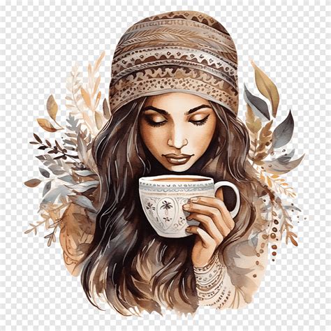 인공 지능 생성 여자 커피 컵 수채화 얼굴 모자 가을 잎 가을 Png Pngegg