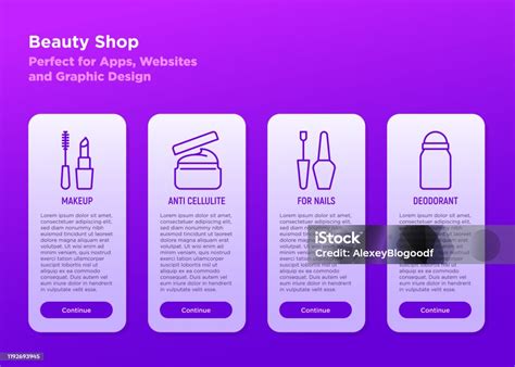 뷰티 샵을위한 모바일 사용자 인터페이스 얇은 라인 아이콘 메이크업 안티 셀룰 라이트 크림 네일 케어 데오도란트 복사 공간이 있는 최신 벡터 그림입니다 0명에 대한 스톡 벡터