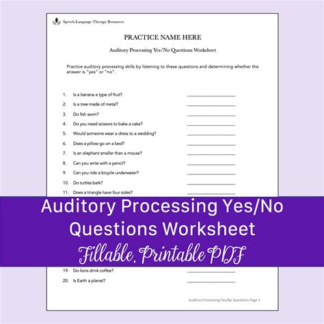 Auditory Processing Yesno Questions Worksheet Fillable Printable