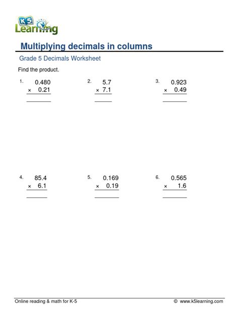 Grade 5 Decimal Multiplication Worksheet Pdf