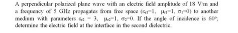 Solved A Perpendicular Polarized Plane Wave With An Electric