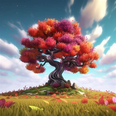 Premium AI Image A Colorful Tree With A Colorful Sky And A Field With A Tree With A Field With