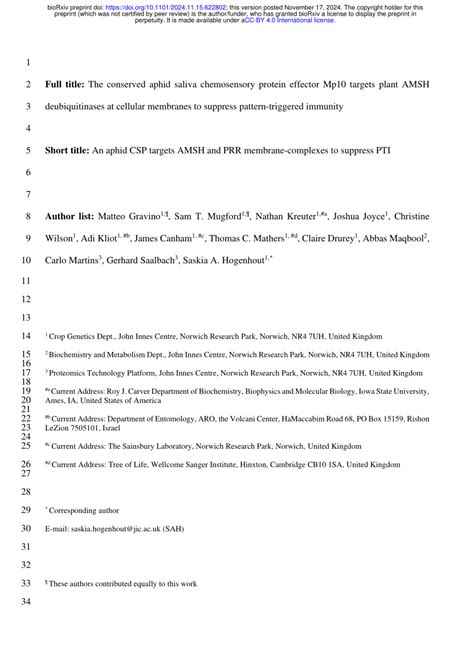 Pdf The Conserved Aphid Saliva Chemosensory Protein Effector Mp10 Targets Plant Amsh