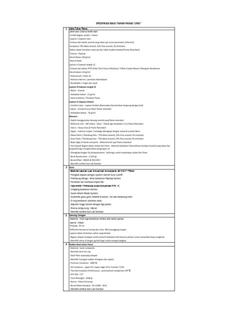 Spek Baju Tahan Panas Uno Pdf