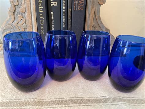 Four Cobalt Blue Stemless Wine Glasses 16 Ounce Cobalt Blue Drinkware