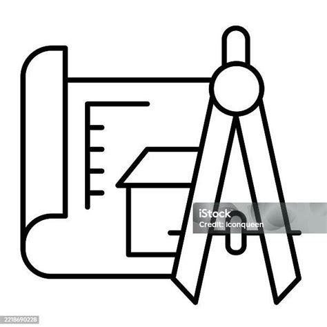 나침반과 집 프로젝트 얇은 선 아이콘 건축가 스튜디오 개념을 그립니다 벡터 그래픽입니다 나침반 흰색 배경 스타일 모바일 또는 디자인에 건물 계획 표시 건물 외관에 대한 스톡