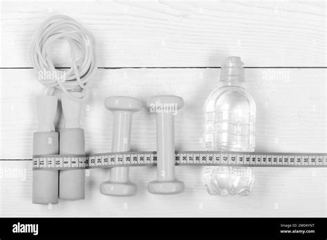 Active Lifestyle And Shaping Concept Centimeter Tied Around Gym Tools