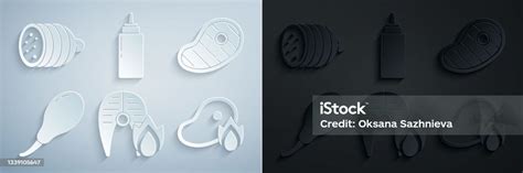 구운 생선 스테이크와 불꽃 스테이크 고기 치킨 레그 소스 병 살라미 소시지 아이콘을 설정합니다 벡터 3차원 형태에 대한 스톡 벡터 아트 및 기타 이미지 Istock