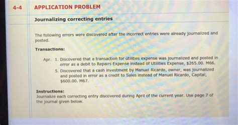 solved application problem journalizing correcting entries