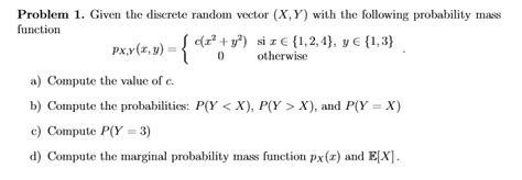 Solved Problem Given The Discrete Random Vector X Y Chegg