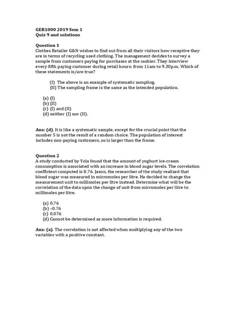 Quiz 9 And Solutions Download Free Pdf Sampling Statistics Mole Unit