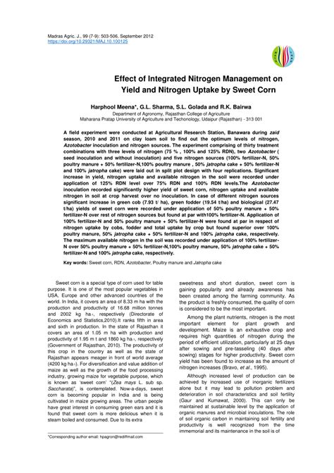 Pdf Effect Of Integrated Nitrogen Management On Yield And Nitrogen Uptake By Sweet Corn