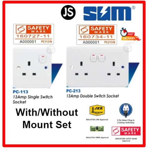 SUM 3 Pin 13A Single Double Switch Wall Socket Outlet With Without Mount Set Small Button