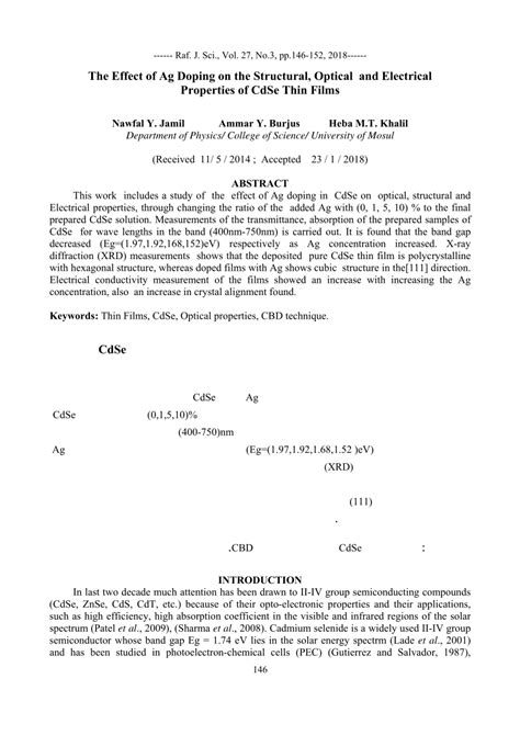 Pdf The Effect Of Ag Doping On The Structural Optical And Electrical Properties Of Cdse Thin