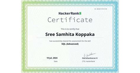 I Earned Sql Advanced Certificate From Hackerrank Sree Samhita