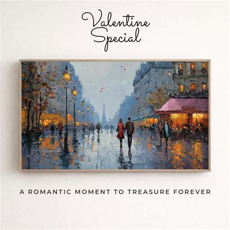 Romantic Paris Rainy Street Art Eiffel Tower Couple Valentines Day