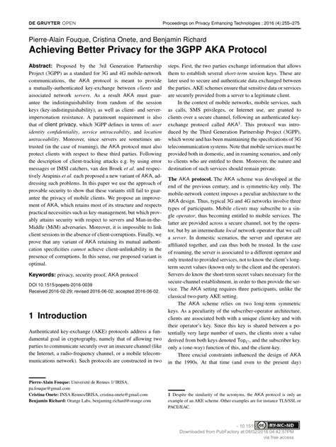 PDF Achieving Better Privacy For The GPP AKA Protocol