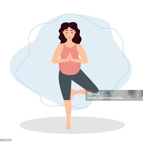 요가를 하는 임산부 평면 만화 스타일의 그림 건강한 생활 방식 스포츠 운동에 대한 개념 그림 임신에 대한 스톡 벡터 아트 및