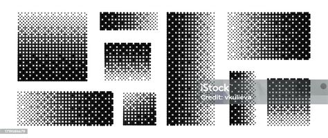픽셀화된 그라데이션 세트입니다 디더링 요소 컬렉션입니다 하프톤 정사각형 및 직사각형 모양을 녹입니다 흑백 분해 분산 또는 파괴 효과 점선 패턴 질감 벡터 질감에 대한 스톡