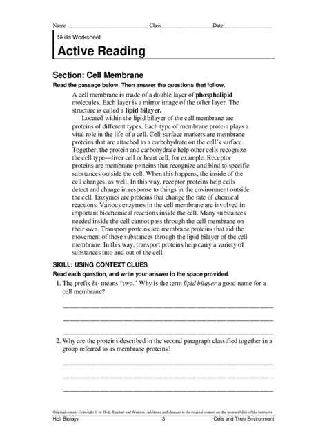Fillable Online Cell Membrane Active Readingpdf Name Class Date Skills Fax Email Print