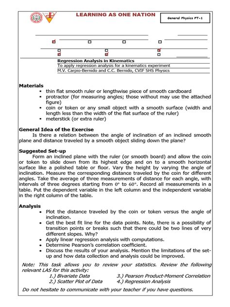 Gen Physics 1 Las Pt 1 Regression Analysis In Kinematics Pdf