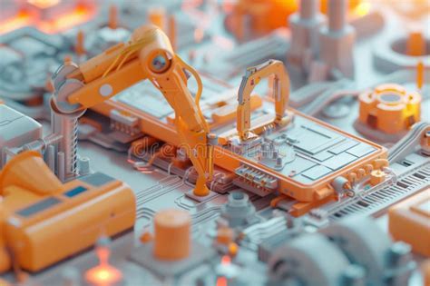 Construction Industrial Crane Builds Electronic Components On Circuit
