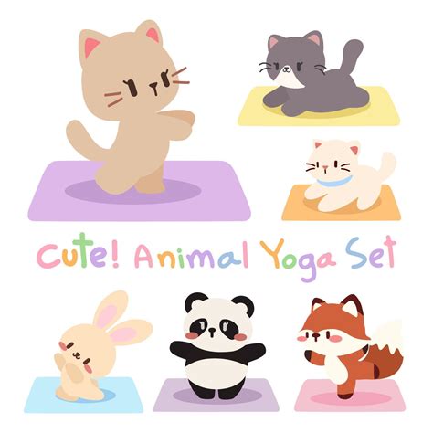Cute Kawaii Animal Yoga Set Adorable Cartoon Illustration Kawaii Yoga