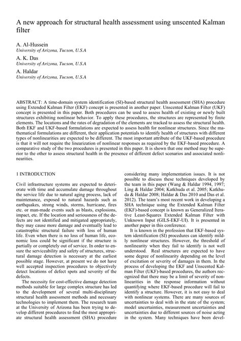 Pdf A New Approach For Structural Health Assessment Using Unscented Kalman Filter